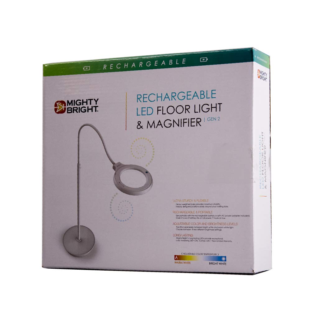Mighty Bright The Original Rechargeable LED Floor Light and Magnifier Lamp, 59 Color-Adjustable LEDs, Warm Eye-Care Light to Bright-White Light, 5” 2X Magnifier, 5X Bifocal, Extra Bright and Dimmable