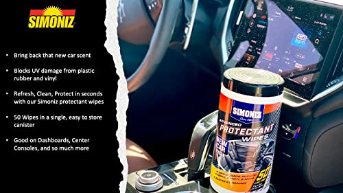 Simoniz New Car Scent Advanced UV Protectant Wipes Wipes – Interior Protectant or Most Surfaces - Plastic, Rubber, Vinyl Dashboards, Seats, Doors & Tires -Great for Cars, Trucks, SUVs, Boats 50 Count