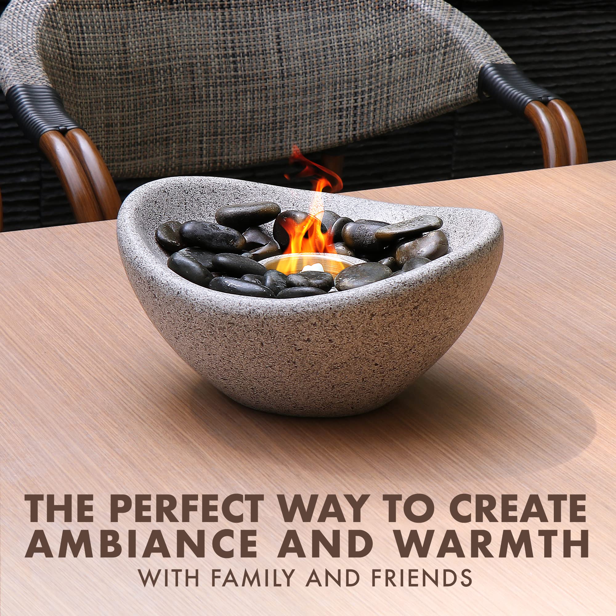 Nordhaus 11'' Table Top Fire Pit Bowl with Extendable Skewers - Personal Fire Bowl Fireplace for Roasting Smores - Large Concrete Personal Tabletop Fire Pit for Patio, Balcony, Indoor and Outdoor Use