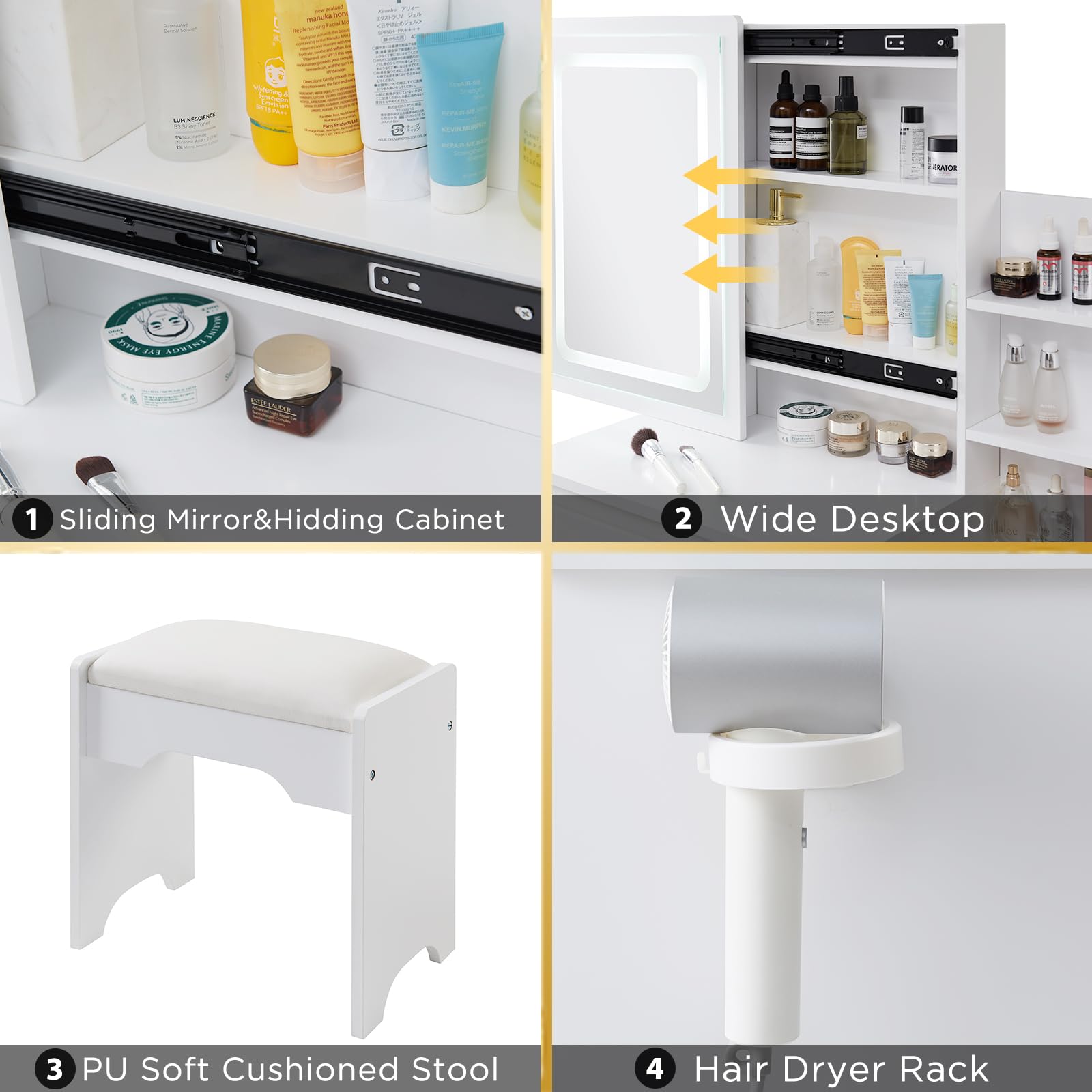 VanAcc Makeup Vanity Desk with Lights & Sliding Mirror for Teenagers, 35" Wide Vanity Table with 4 Drawers and Shelves, Small Vanity Dressing Table, LED Lights Vanity Set, Stool Included, White