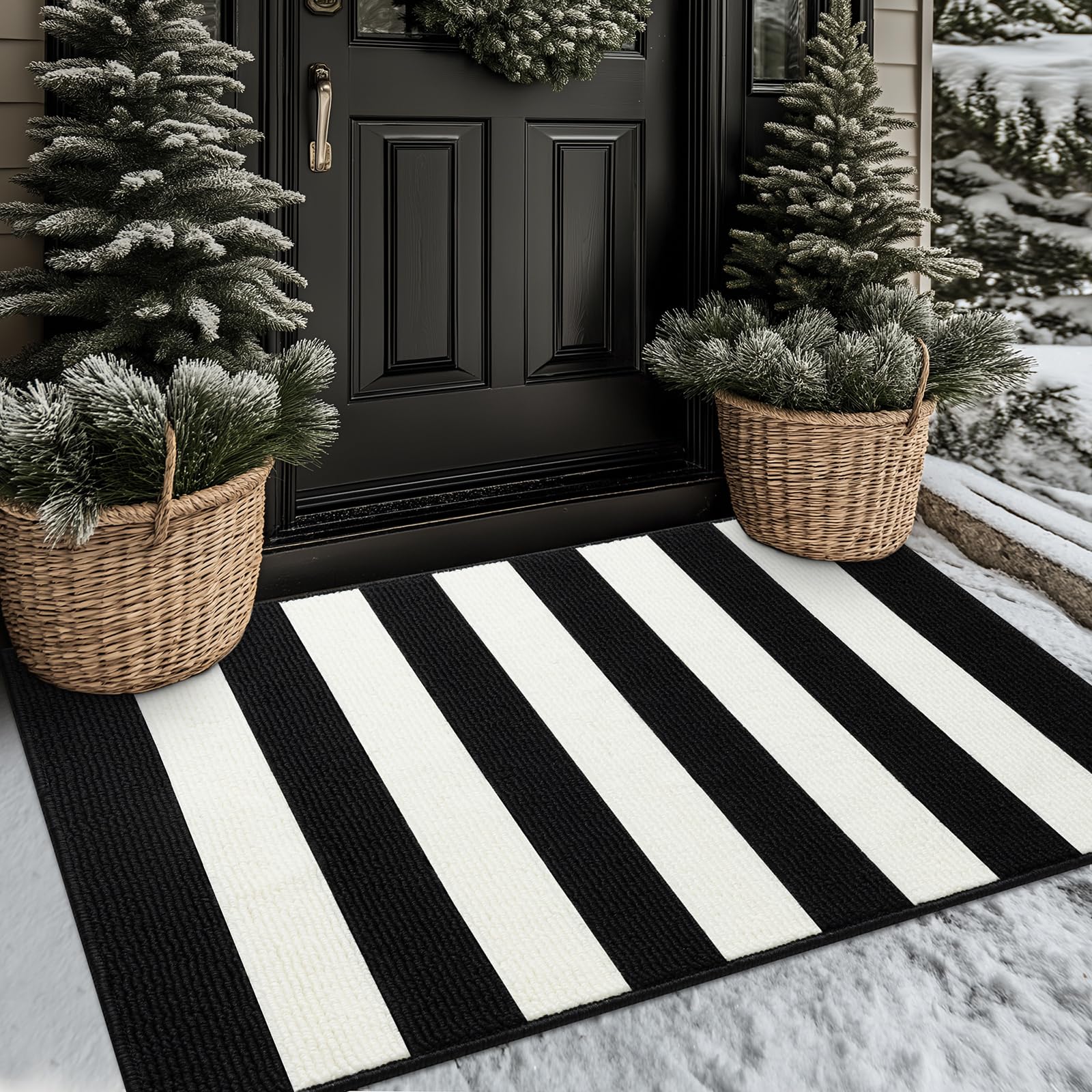 Timo Black and White Striped Outdoor Rug, 20"x32" Non Slip Absorbent Layered Doormat, Washable Resist Dirt Indoor Outdoor Rugs, Fall Front Door Mat for Kitchen Entryway Patio Farmhouse Porch Decor