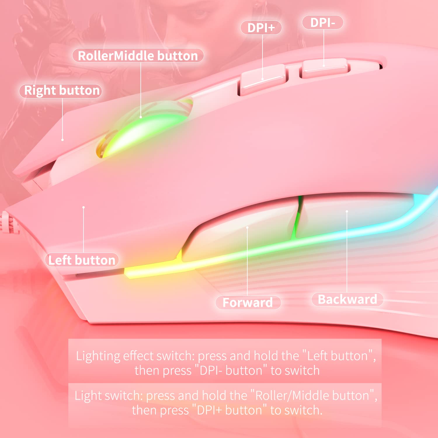 NEWSTYP Cute RGB 6400 DPI Wired Gaming Mouse Breathing LED Optical USB 7 Buttons Gamer Computer Pink Mice for Laptop PC Desktop (Black)