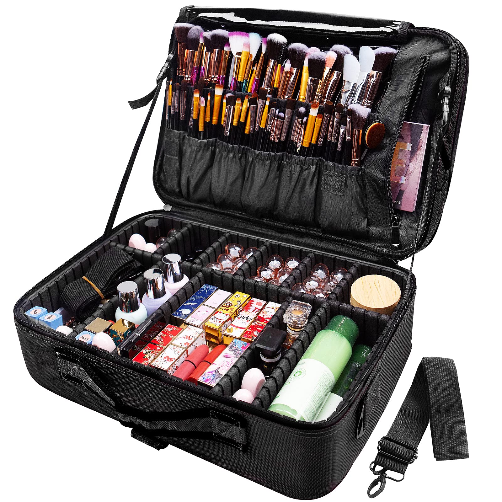 JAZZ GORDON Makeup Bag Large 3 Layers Travel Makeup Organizer Professional Makeup Case Portable Artist Storage Mkeup Brush Bag with Adjustable Dividers,Straps (Black)
