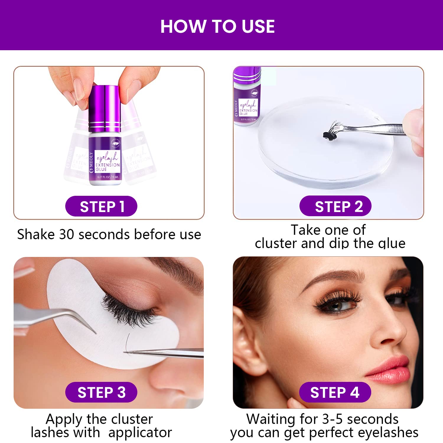 MEOLY Strong Hold Lash Extension Glue for Sensitive Eyes, No Fume 6-7 Weeks Retention Eyelash Glue for Lash Extensions, Extra Strong Professional & Individual Lash Glue Black