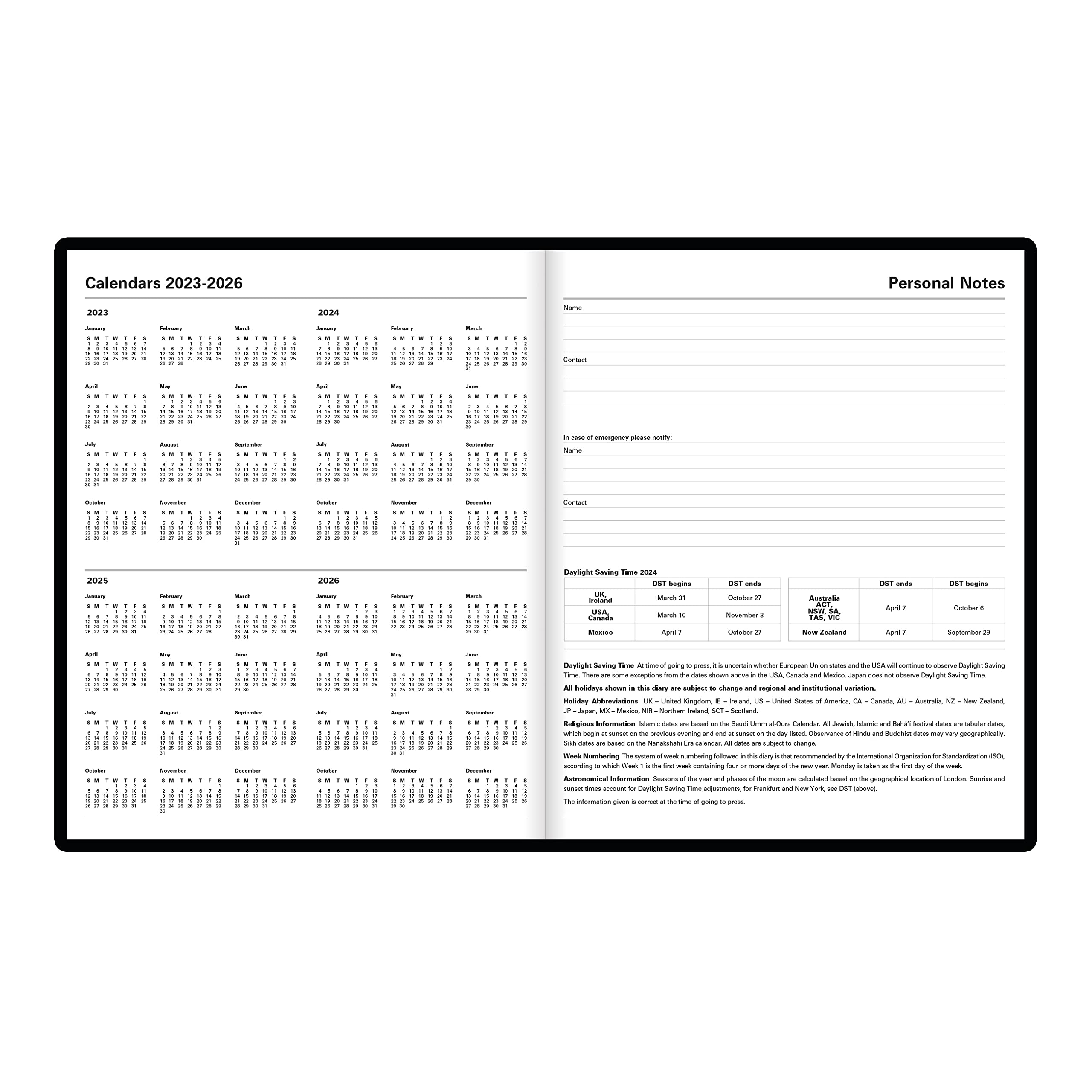 Letts of London Roma Weekly Planner, 12 Months, January to December, 2024, Italian Leather, Quarto Size, 10.25" x 8.25", Black (C33YIBK-24)