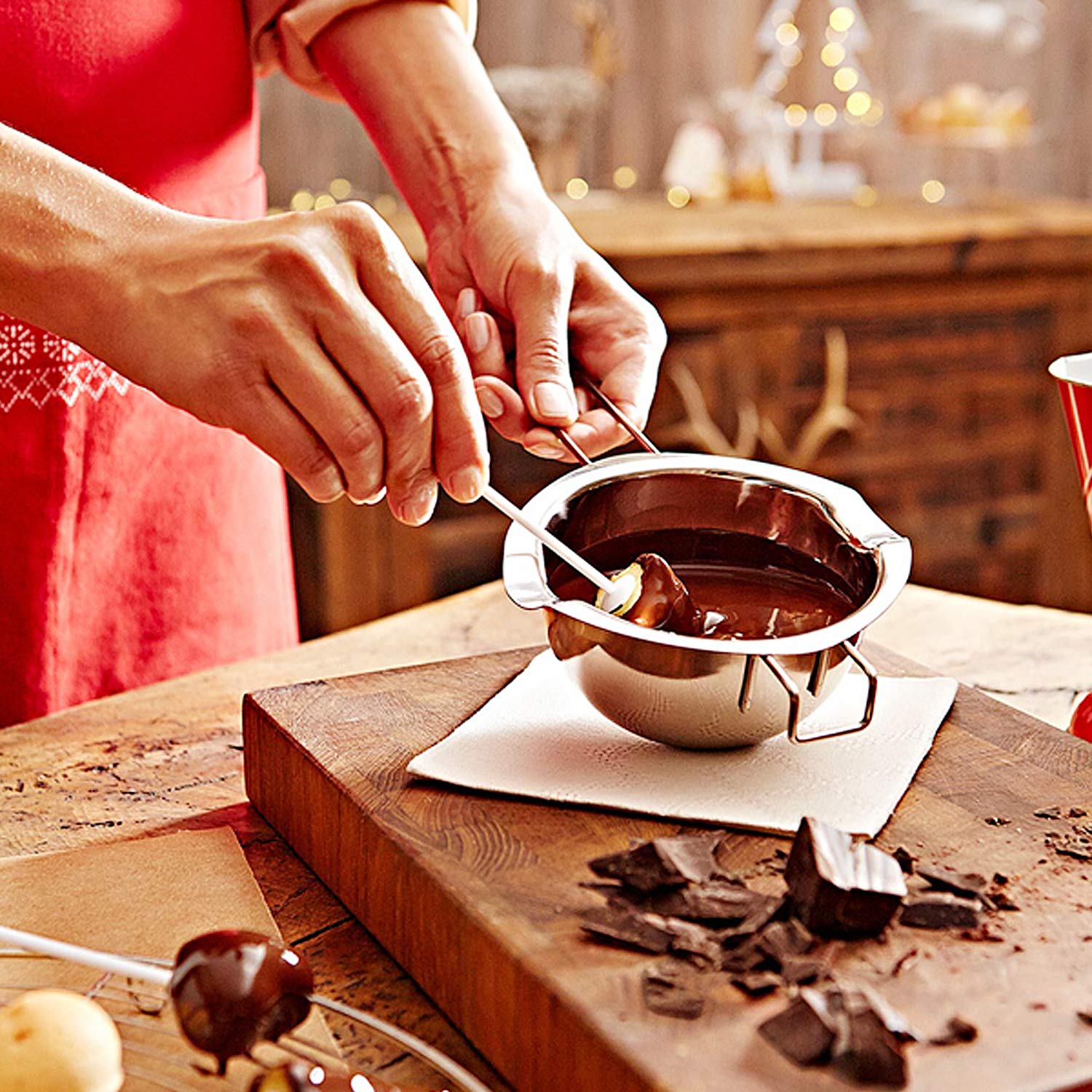 Milkary 2 Pieces Stainless Steel Double Boiler Pot with 2 Metal Spoon, Chocolate Melting Pot for Melting Chocolate, Butter, Cheese, Candle and Wax Making Kit Double Spouts 400ml/14oz