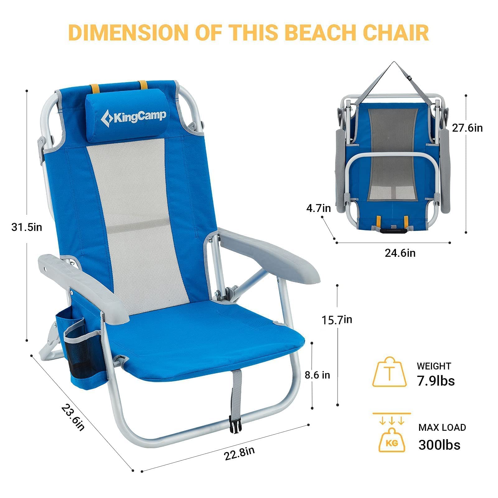 KingCamp Elastic 3 Aluminium Backpacking, Reclining Low Profile Sitting Beach Chair with headrest,Straps,Cup Holder for Outdoor Picnic Concert Travel Festival, One Size, Adjustable Back-1 Pack