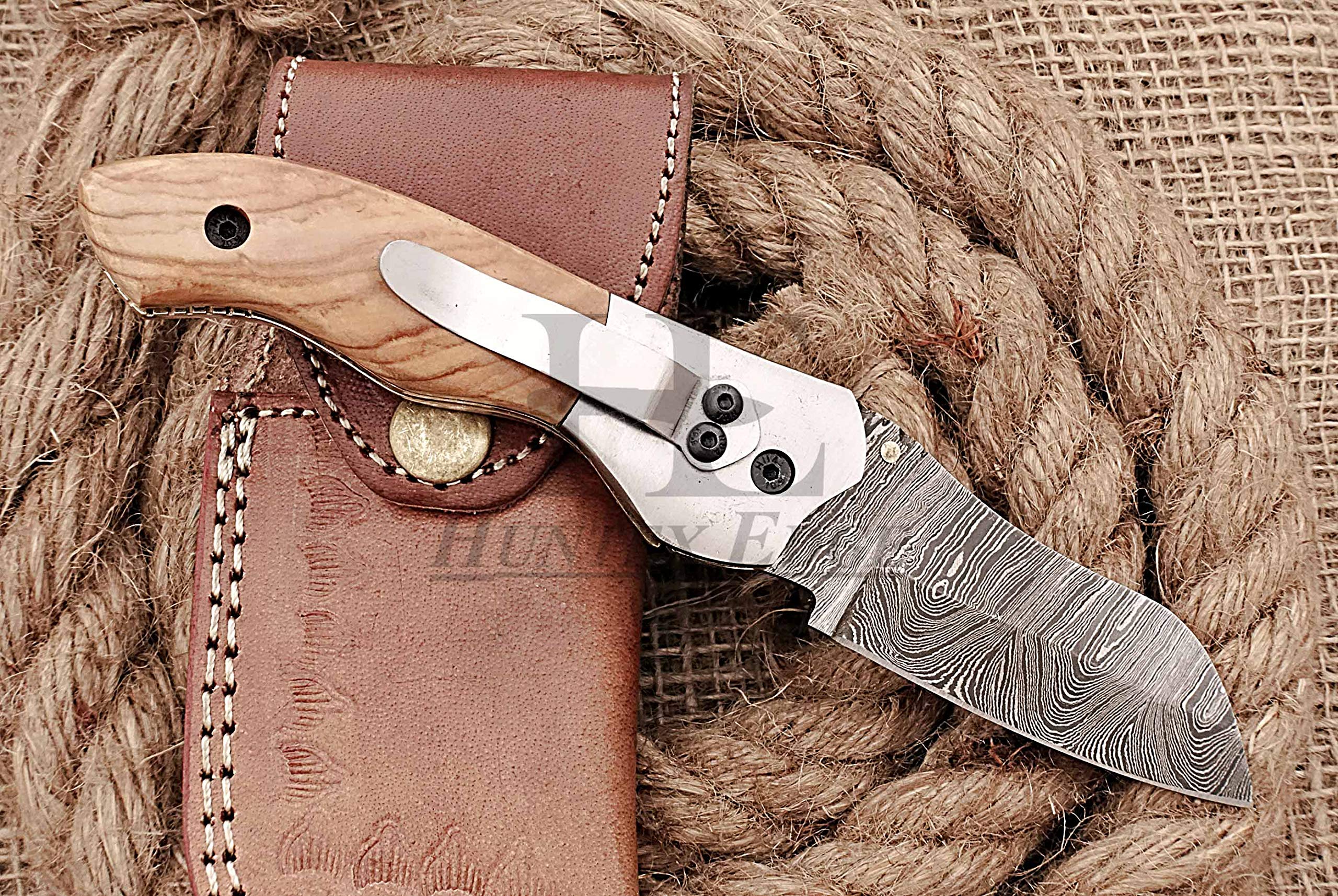 HUNTEX Custom Handmade Hand-Forged Twist Pattern Damascus Steel 3.7 Inch Long Natural Olive Wood Handle Razor Sharp Hunting Folding Pocket Wharncliffe Knife with Pocket Clip & Genuine Leather Pouch