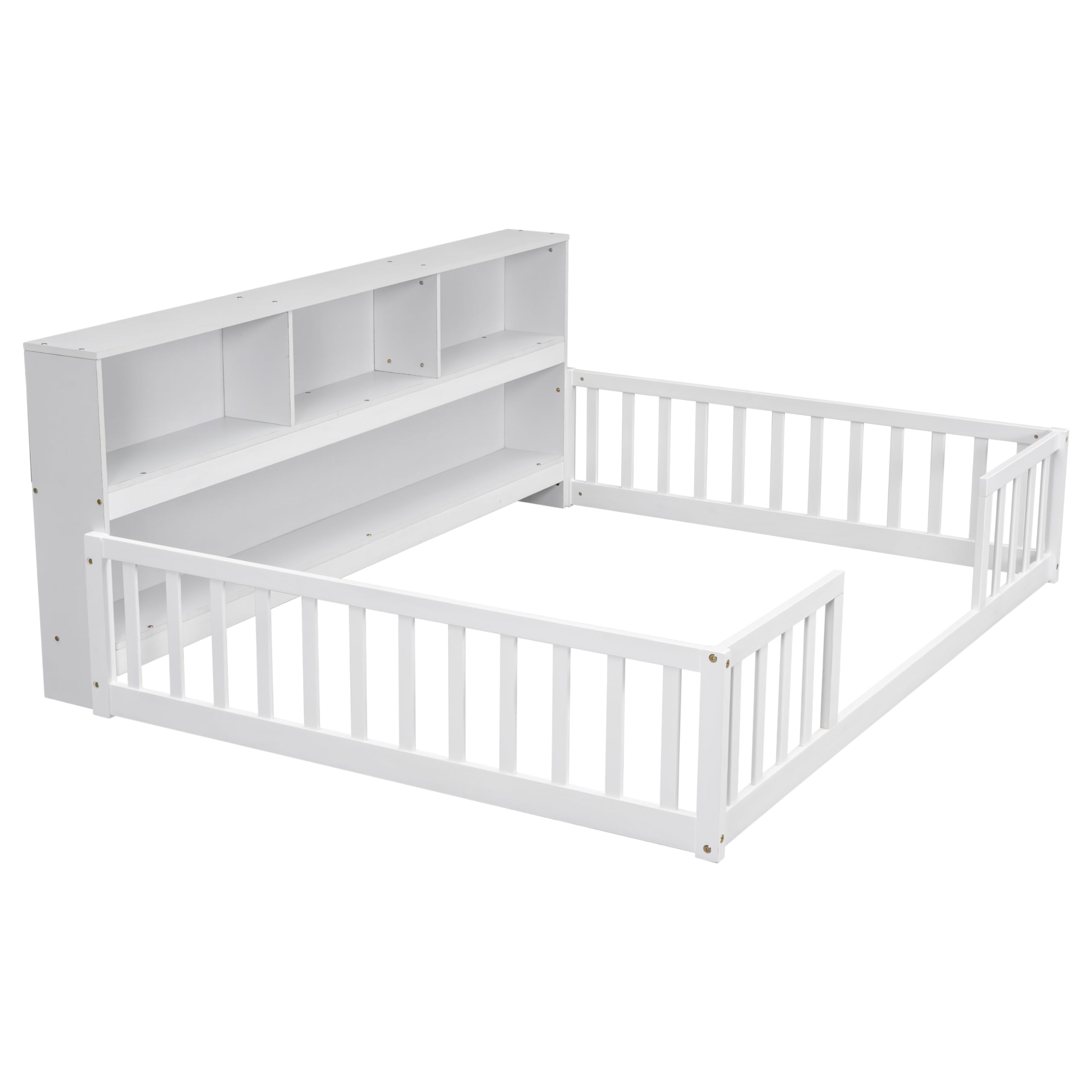 SOFTSEA Full Size Floor Bed with Bedside Bookcase and Storage Shelves, Solid Wood Floor Bed Frame with Guardrails for Boys and Girls Bedroom, Easy Assembly, White