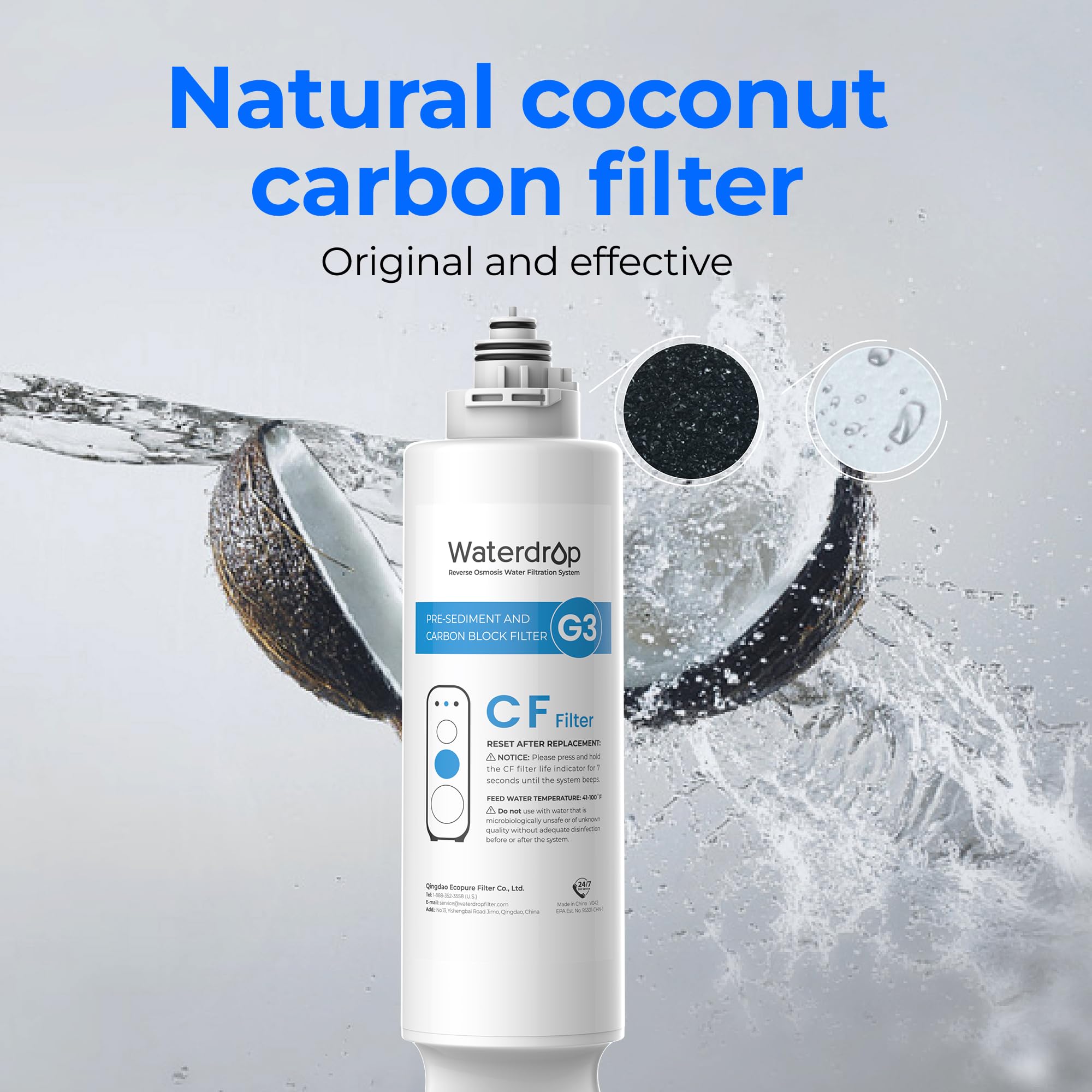 Waterdrop WD-G3-CF Filter, Replacement for WD-G3-W, WD-G3P600 and WD-G3P800-W Reverse Osmosis System, 6-month Lifetime, 2-Pack