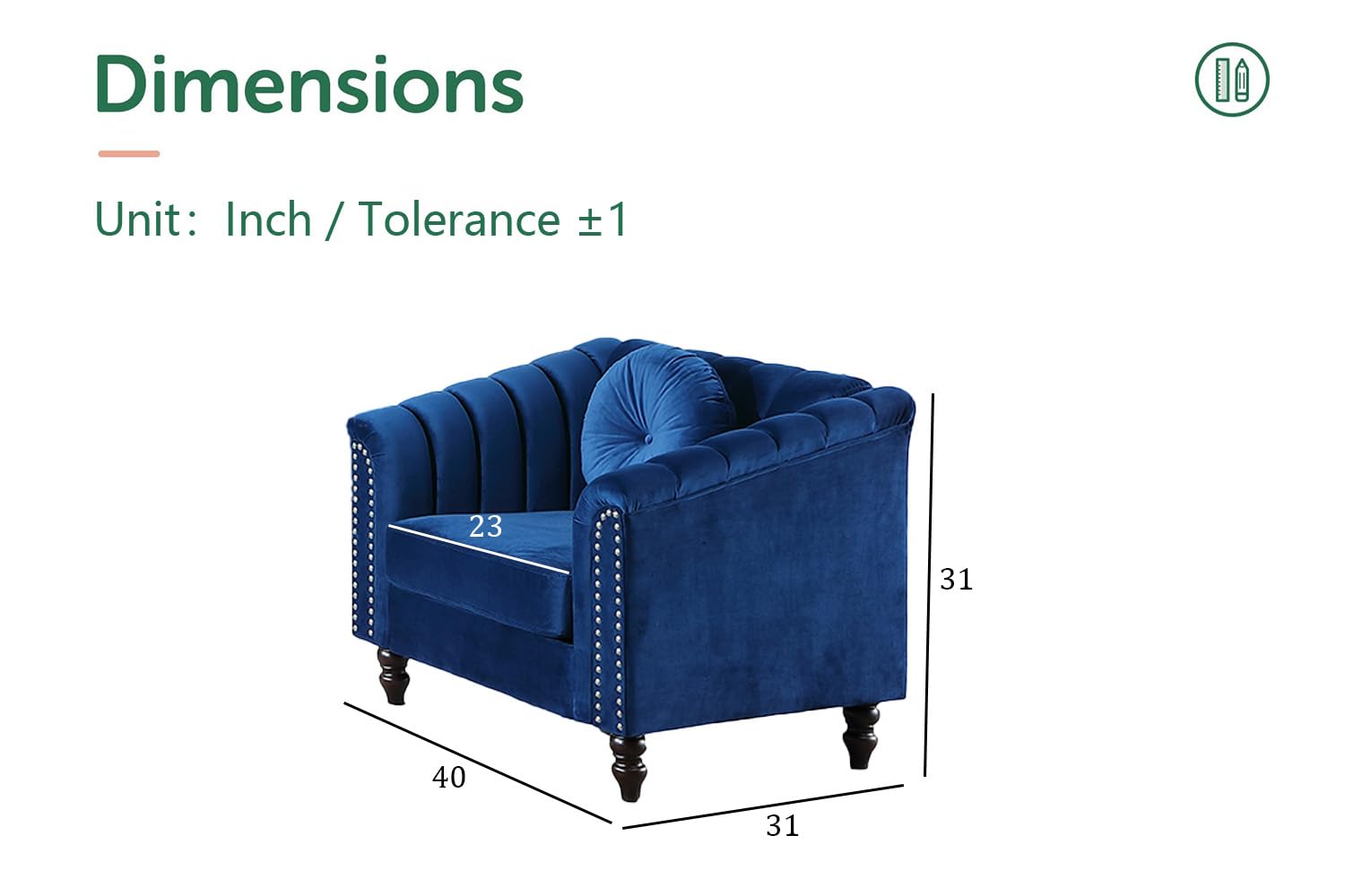 SIENWIEY Chesterfield Chair Couch, 40 Inch Luxurious Velvet Single Chair Chesterfield Settee Sofa Upholstered Rolled Arm with Rivets/Button Tufted Pillow, Modern Sofa for Living Room,Blue