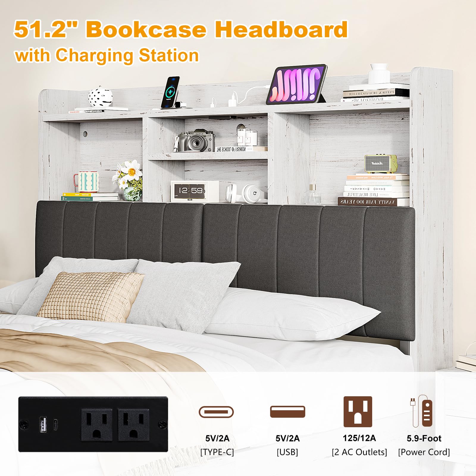 YUMPIE Full Bed Frame with Bookcase Headboard, Farmhouse Upholstered Platform Bed with 4 Storage Drawers, LED Bed with Charging Station, Wood Slats Support, No Box Spring Needed, Distressed White