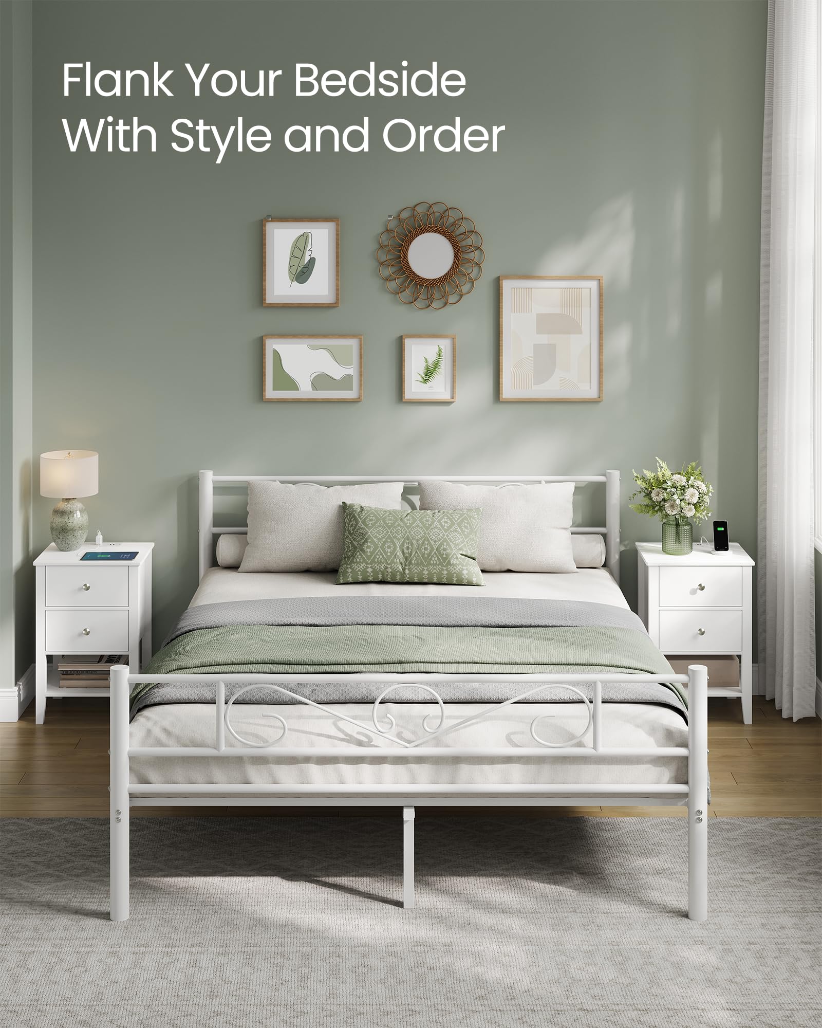 VASAGLE Bamboo Nightstand with Charging Station, Side End Table with 2 Drawers, Open Storage Shelf, Bedside Table, 2 USB Ports, 2 AC Outlets, Modern, for Bedroom, Cloud White ULET623W01V1