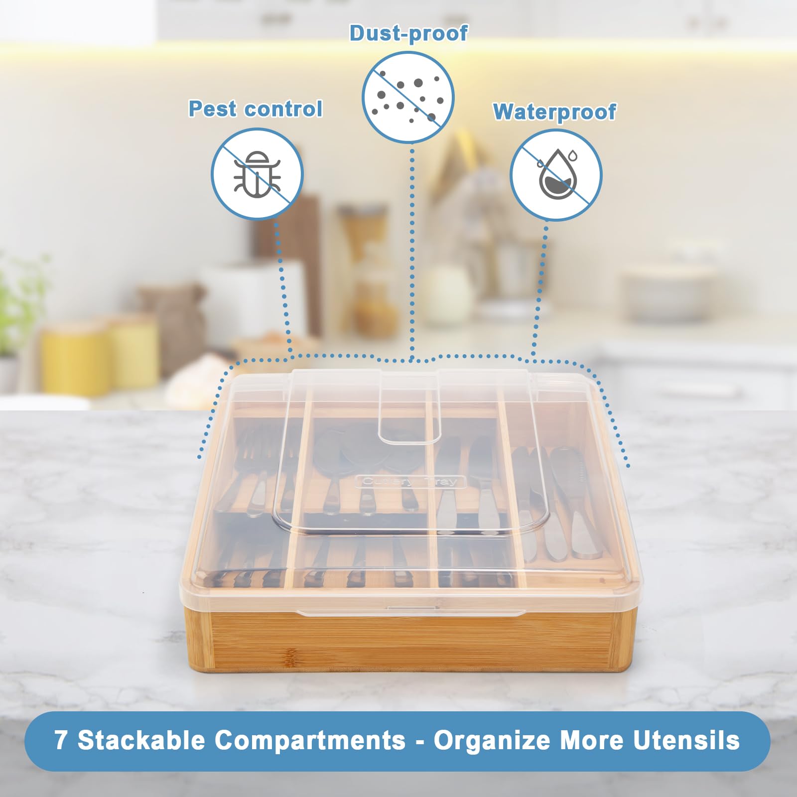 YICOCHI Utensil Holder for Countertop with Lid, Bamboo Silverware Tray for Drawer, 7 Compartments Flatware Organizer with Labels