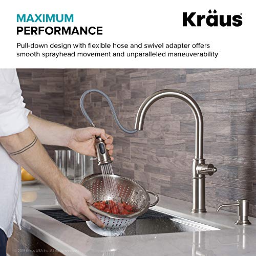 KRAUS Sellette Traditional Spot Free Stainless Steel Single Handle Pull-Down Kitchen Faucet with Deck Plate and Soap Dispenser, KPF-1682SFS-KSD-80SFS
