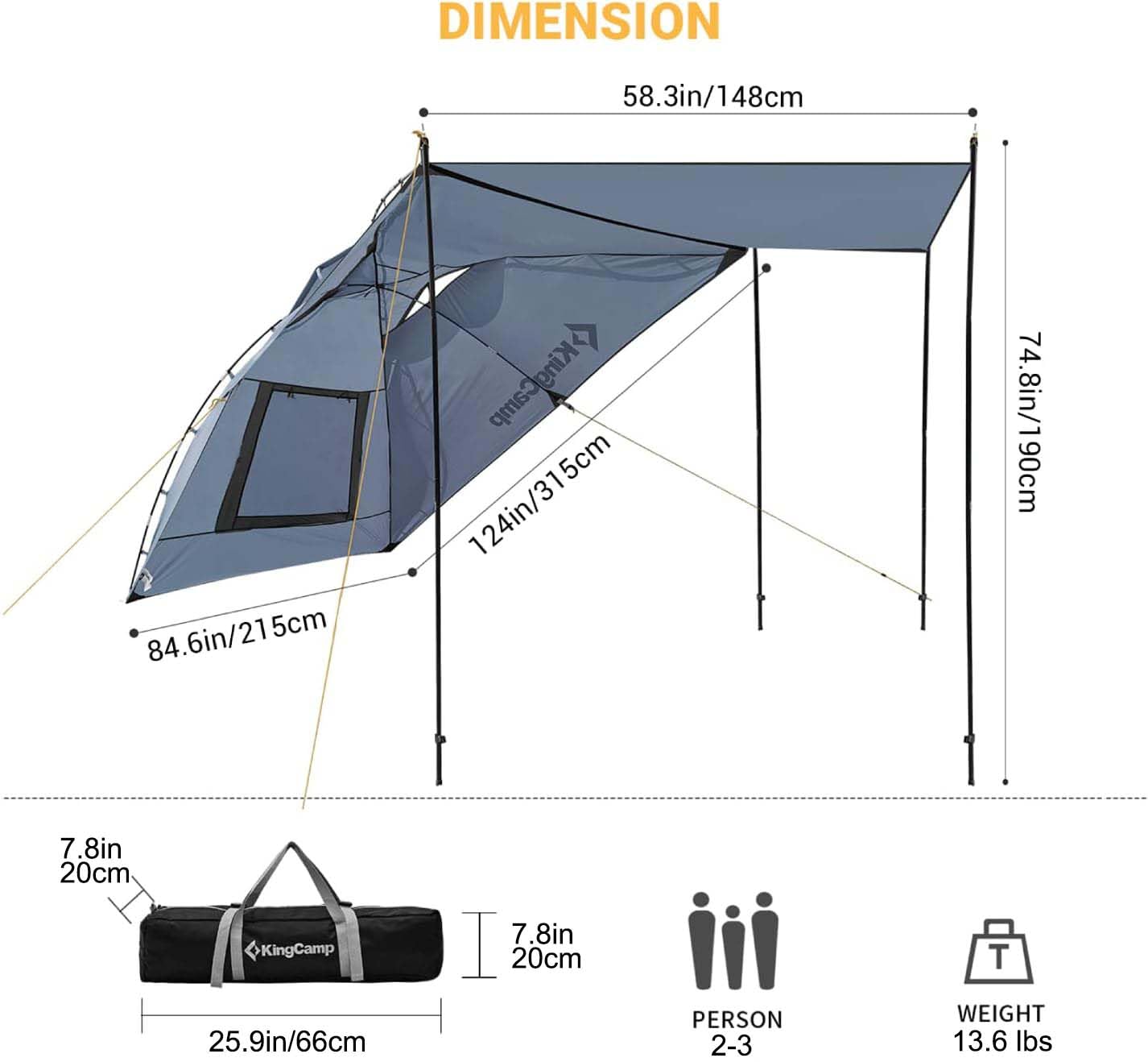 KingCamp SUV Tent Versatility Waterproof Car Awning Sun Shelter, Portable Auto Canopy Camper Trailer Sun Shade for Camping, Outdoor