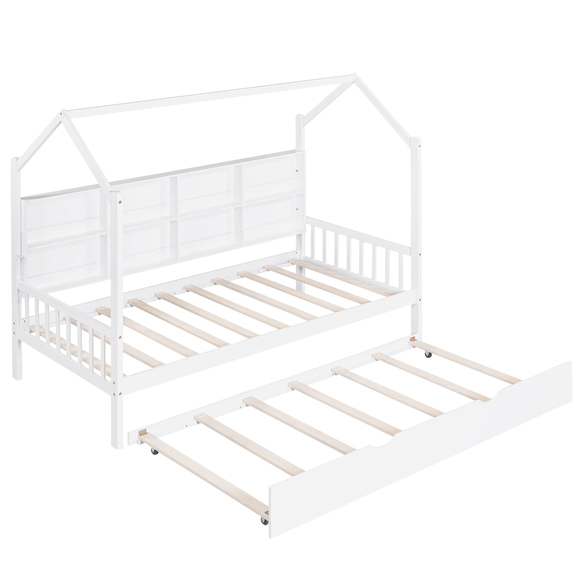 Merax Wood Twin Montessori Daybed with Trundle and Book Shelf, Low Sofa Day Bed for Boys Girls,No Box Spring Needed White