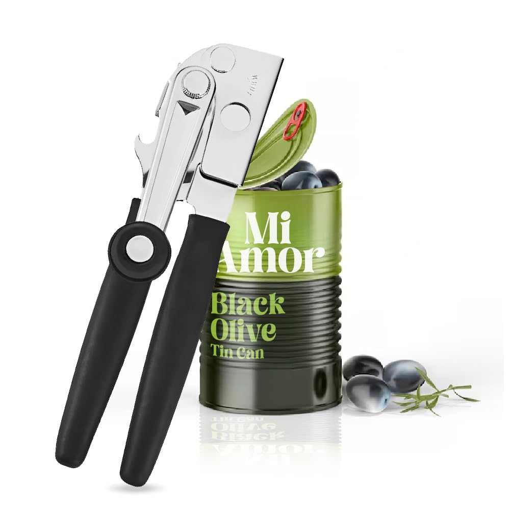 Matways Heavy Duty Commercial Hand Can Opener, Easy Crank Can Opener with Extra Long ergonomic Handle, Stainless Steel Sharp Blade, Large Size Manual Can Opener with Black Comfortable Handle Grip
