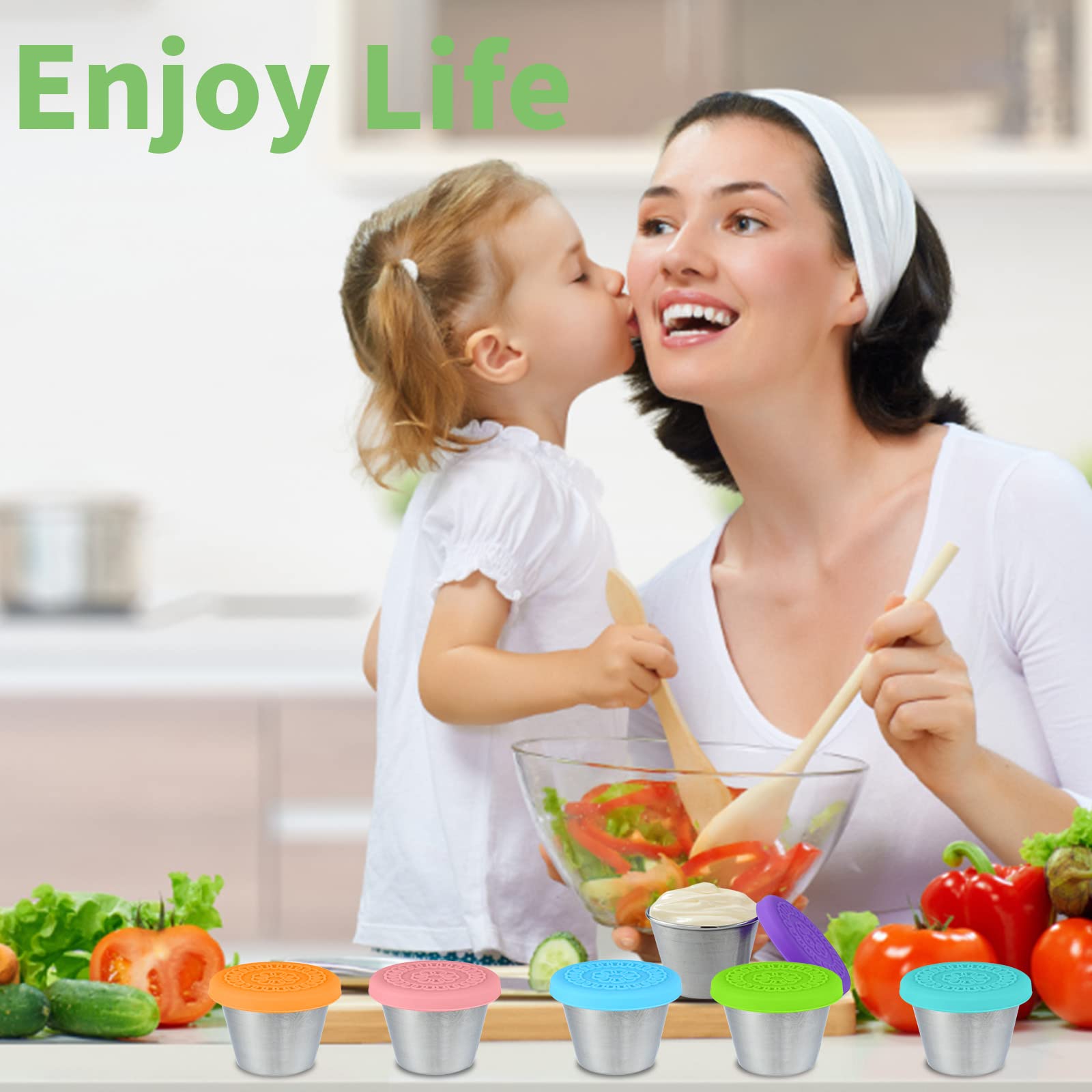 MLRYH 6Pcs 2.5oz Salad Dressing Container To Go,Stainless Steel Condiment Containers Cups with Silicone Lids, Leakproof & Reusable Sauce Containers for Snacks, Dipping Sauce,Ice Cream.¡