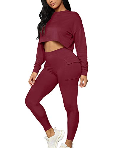 Kaximil Women's Workout 2 Piece Outfits Long Sleeve Crop Top Legging Pants Jogger Set Tracksuit, Large, Wine Red
