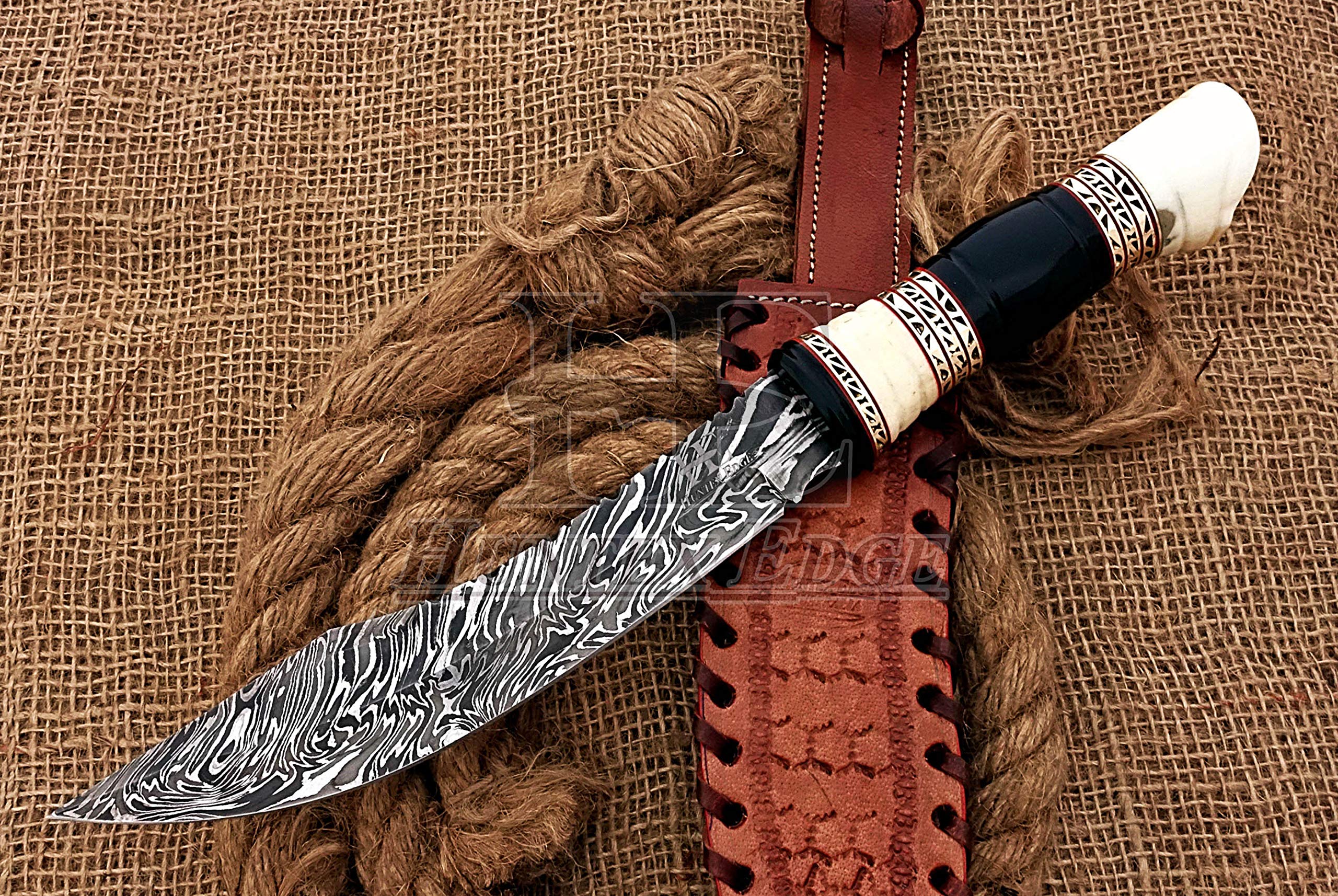 HUNTEX Unique Custom Handmade Hand-Forged Ladder Pattern Damascus Steel 12 Inch Long Full Tang Buffalo Horn Handle Razor Sharp Hunting Camping Spay Point Slicer Knife with Genuine Leather Sheath