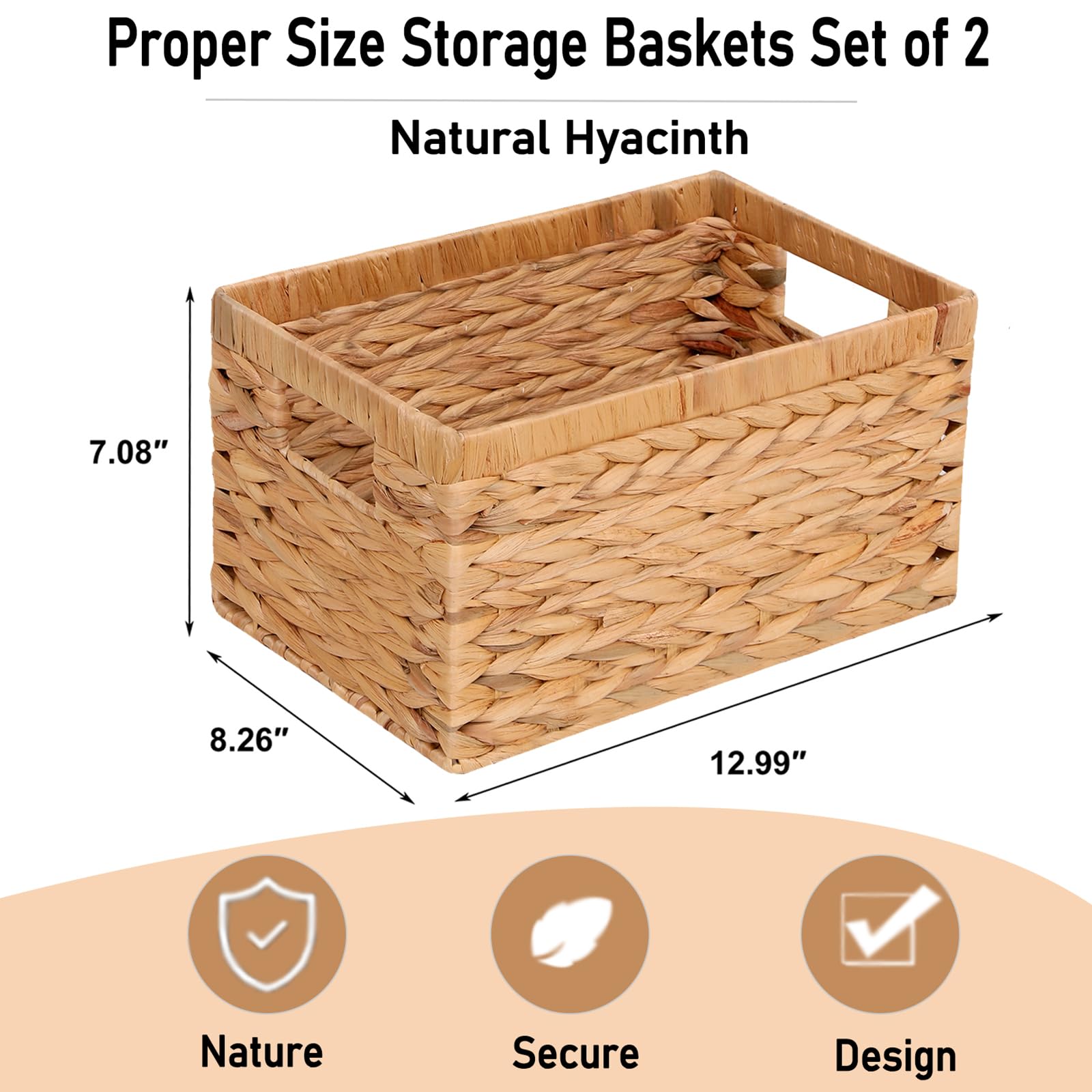 Storage Basket Rectangle Seagrass Basket Water Hyacinth Basket,Decorative Storage Baskets with Built-in Handles,Woven Basket for Organizing Pantry Toilet Tank,(Natural Hyacinth,2-Pack)