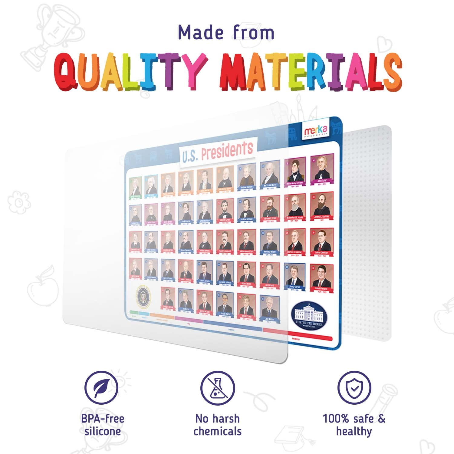 merka Kids Placemat Educational Placemats Kids Placemats for Dining Table Silicone Placemat Presidents of The United States Kids Learning Placemats for Dining Table