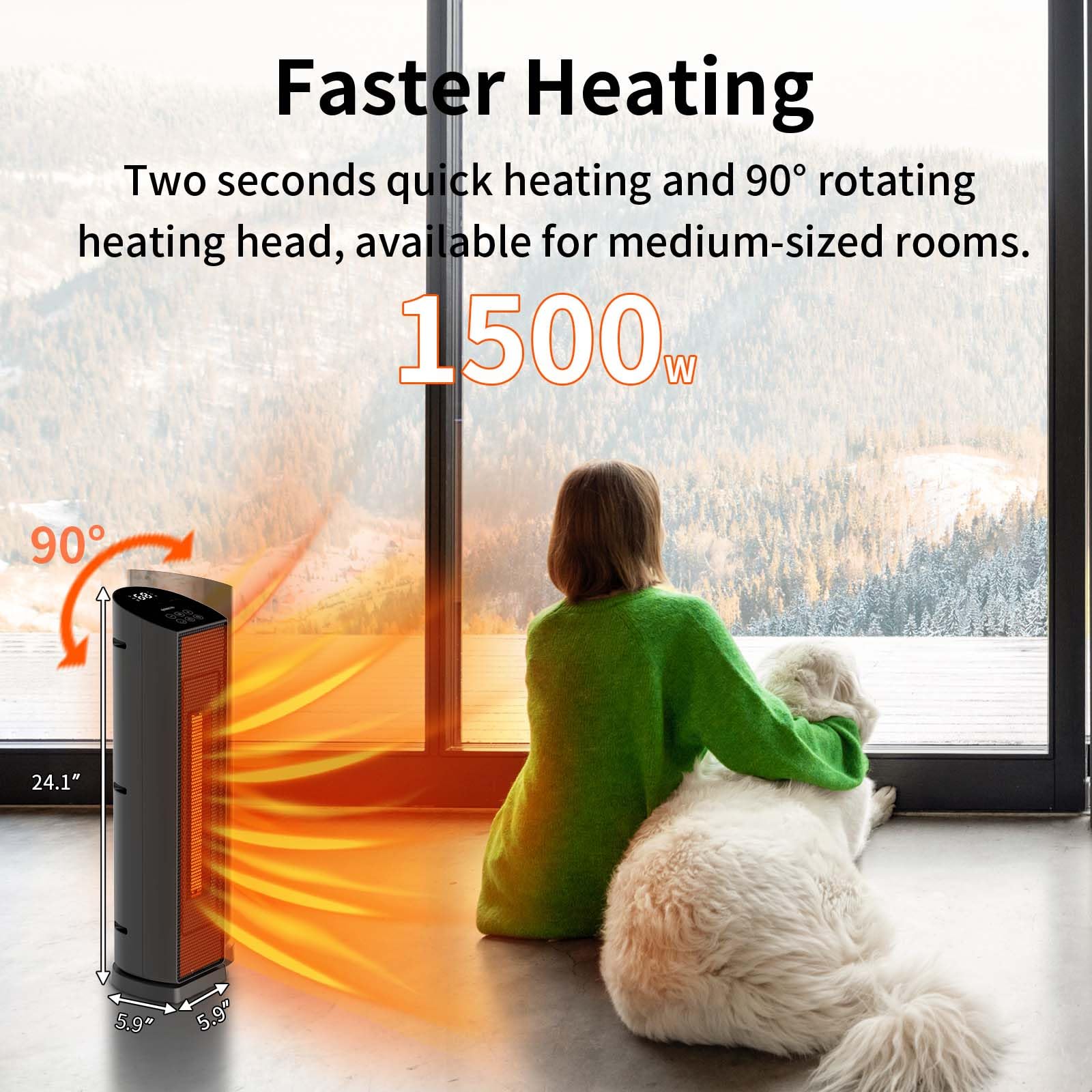 QOWETU Space Heater for Indoor Use with Remote - 90° Oscillating Tower Electric Heater, 24 Inchs, 12H Timer, 1500W Quiet PTC Ceramic Heating with Thermostat, Fast Safety Heat for Office, Home, Bedroom