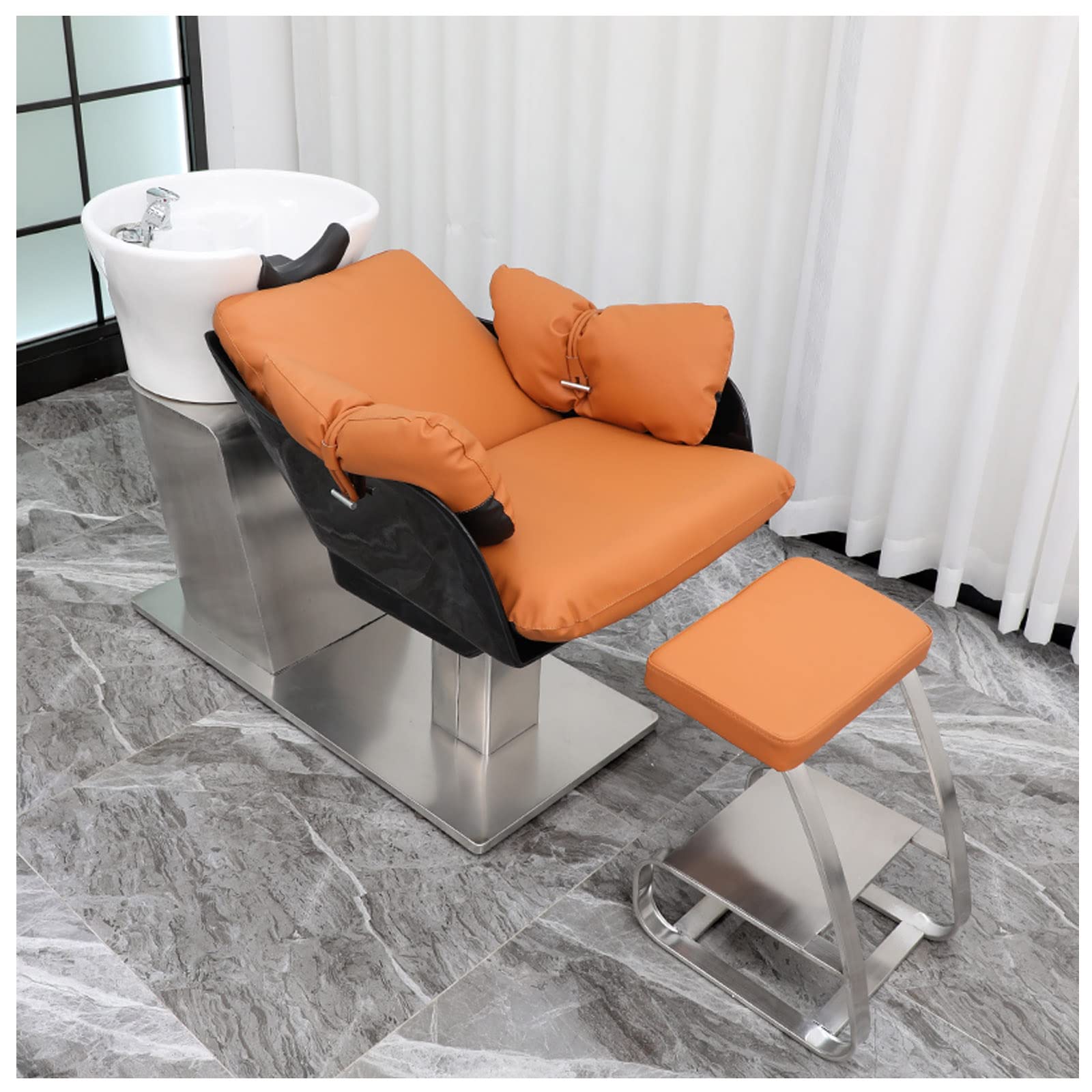 ReligWan High-end semi-Lying Shampoo Bed,Shampoo Barber Backwash Chair, Ceramic Shampoo Bowl Sink Chair, for Spa Beauty Salon Equipment (B)
