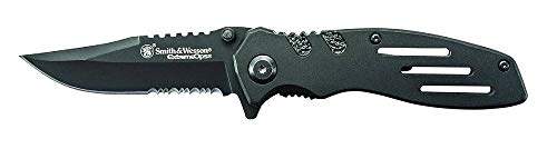 Smith & Wesson Extreme Ops SWA24S 7.1in S.S. Folding Knife with 3.1in Serrated Clip Point Blade and Aluminum Handle for Outdoor, Tactical, Survival and EDC,Black