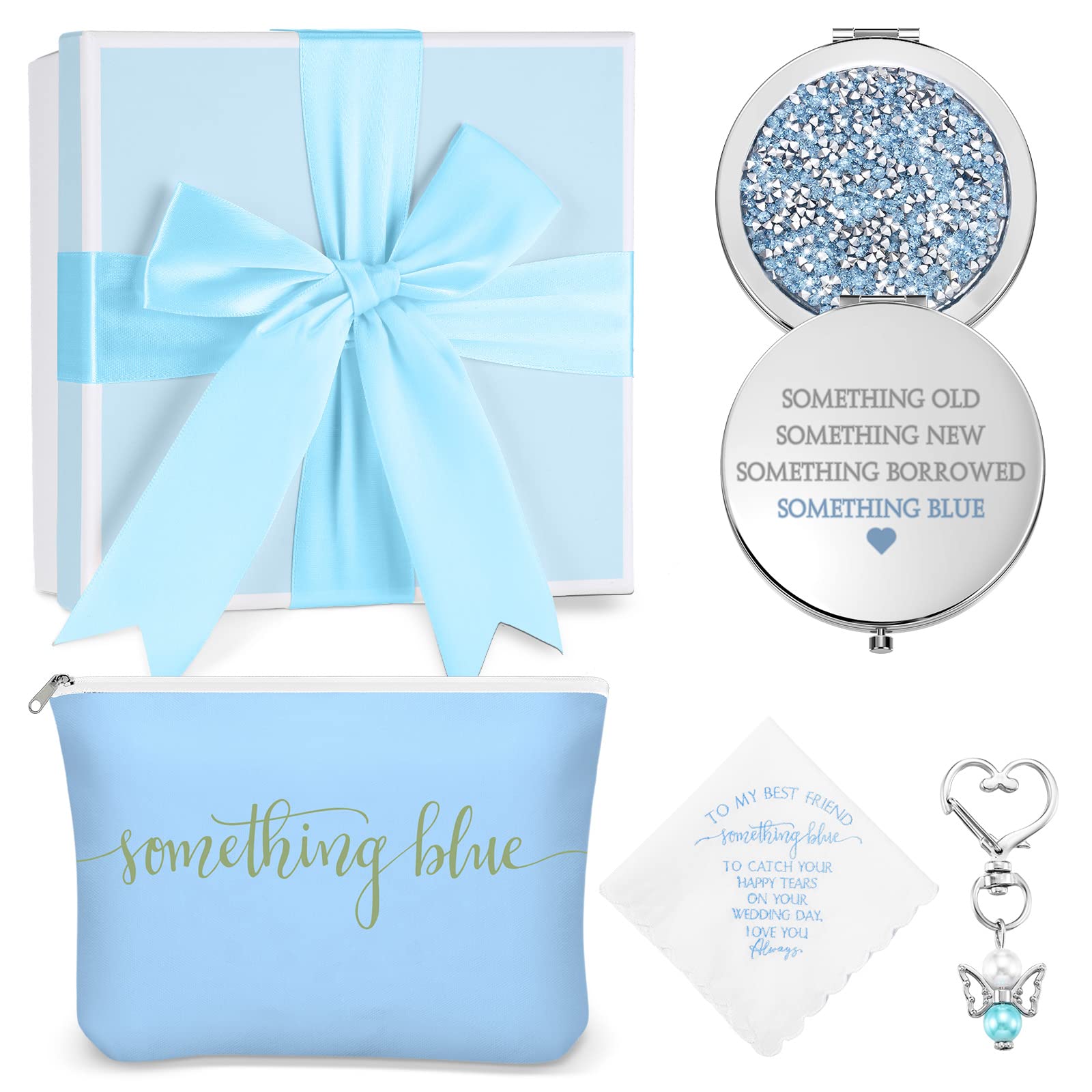 Set of 5 Something Blue Wedding Gift for Bride to My Best Friend Wedding Embroidered Handkerchief Angel Bouquet Charm Something Blue Bridal Cosmetic Bag Diamond Compact Mirror Blue Raffia Gift Box