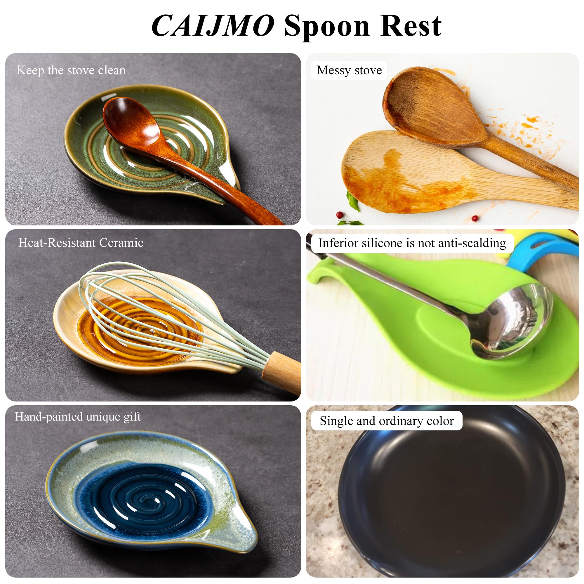Spoon Rest, Ceramic Utensil Spoon Spatula Ladle Holder, 6 Inches Spoon Holder for Countertop, Coffee Bar Accessories Dishwasher Safe, Large Utensil Rest for Kitchen Counter Splash Black(L)