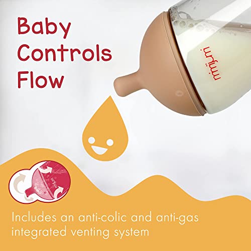 mimijumi Baby Bottle Starter Set (6 pcs.) Anti-Colic Baby Bottles for Breastfed Babies - 4 oz and 8 oz Breastfeeding Bottles, Bottle Travel Caps - Lighter and Darker Bottle Nipples (Lighter)
