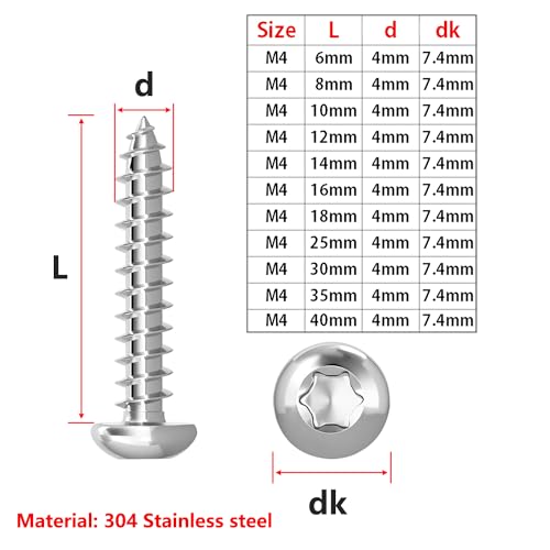 Qrity 100PCS #8x3/4 (M4x20mm) Self Tapping Screw, Torx Pan Head Screws, Stainless Steel Round Head Self Drilling Screws