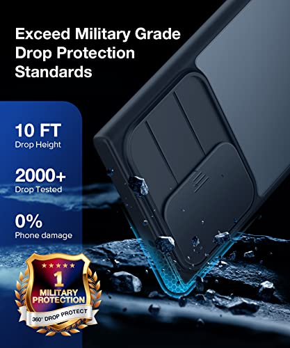 Tongate Compatible with Samsung Galaxy S23 Ultra Case with Slide Camera Cover, [Military Grade Drop Protection] Slim Translucent Matte Back Phone Case for Galaxy S23 Ultra Case 6.8 Inch, Black