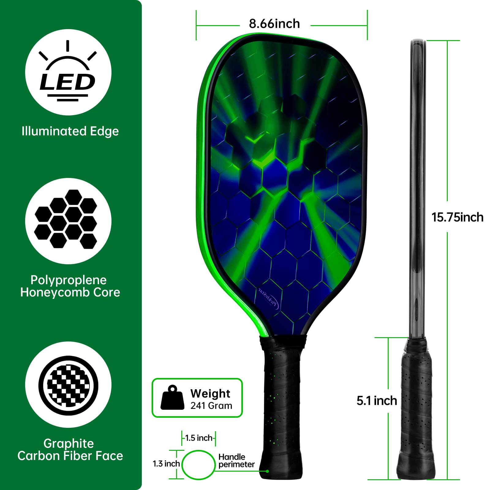 PickleStar LED Light Up Pickleball Paddles with Graphite Carbon Fiber Face and Honeycomb Polypropylene Core,Set of 2, 10 Batteries Included,Gift for Pickleball Lovers