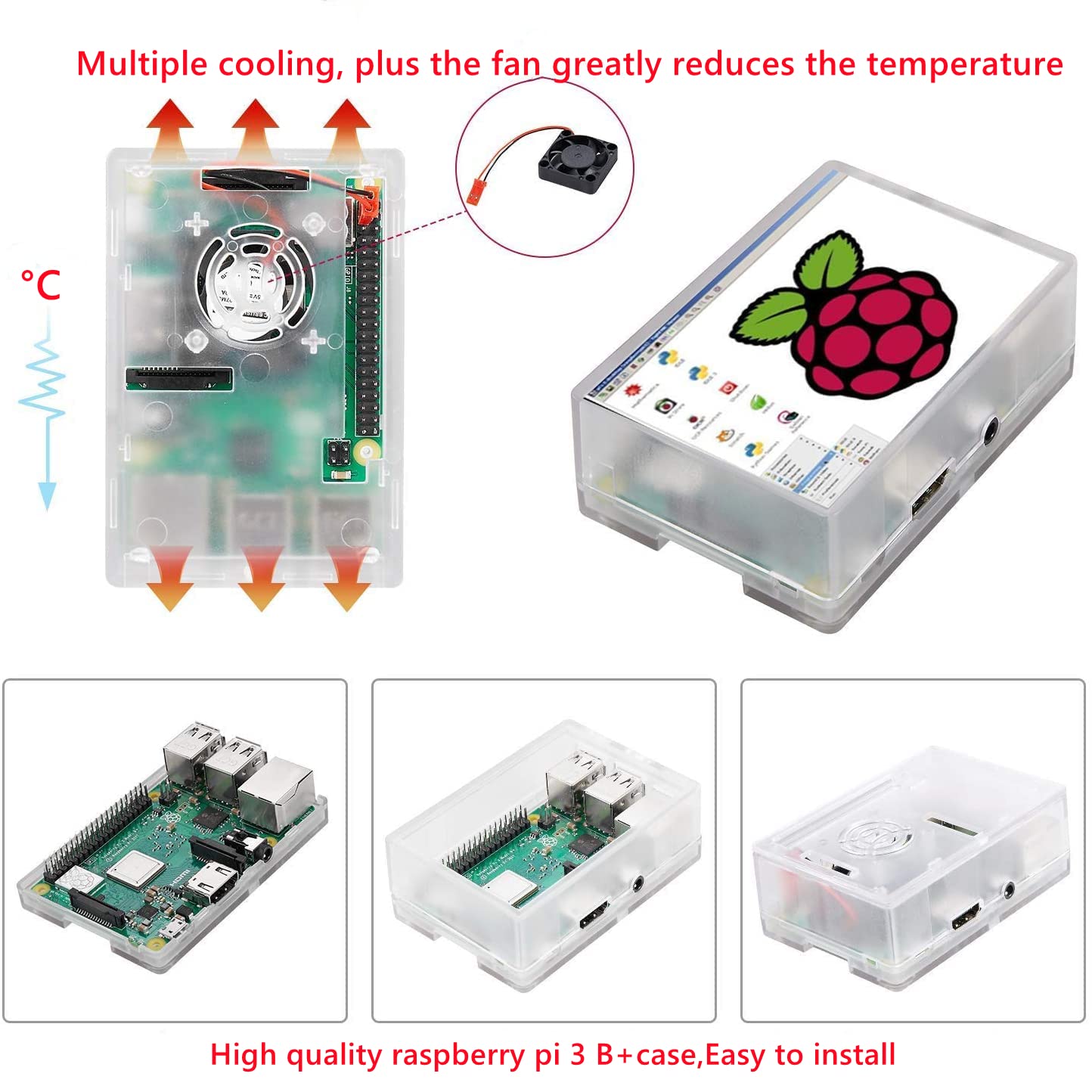 RasTech Pi 3 Model B Starter Kit with 32GB Card HD Cable Network Cable 5V 3A Power Supply with ON/Off Case Cooling Fan, 3 Heatsinks Card Reader Screwdriver