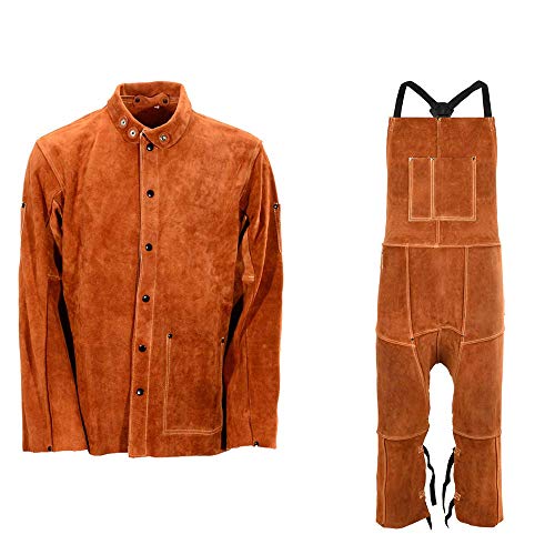 QeeLink Leather Welding Work Jacket with Split Leg Apron Flame-Resistant Heavy Duty Split Cowhide Leather Welder Jackets with Welding Apron for Men & Women, Medium