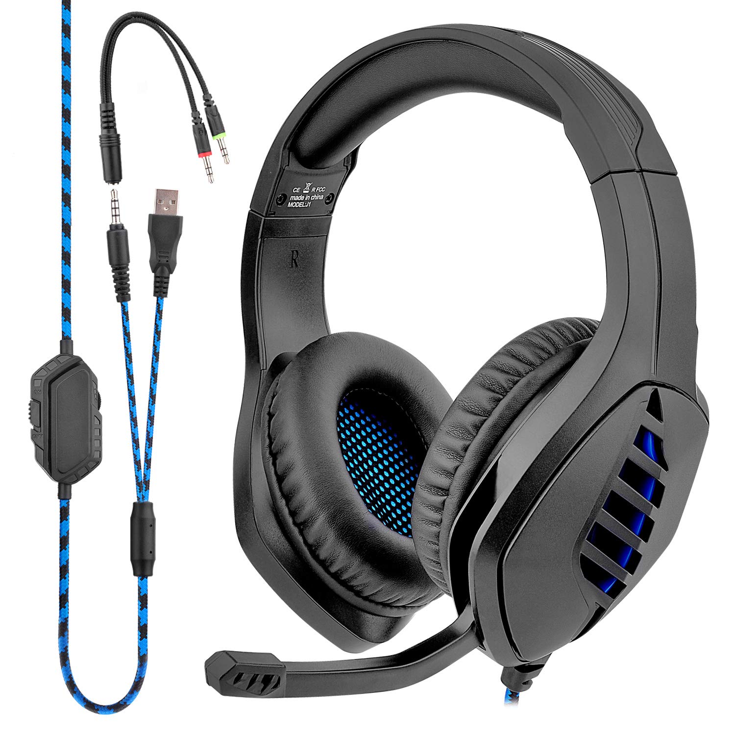 J1 Stereo Gaming Headset with 7.1 Surround Sound, for PS4/PS5/PC/Xbox One/Controller LED Light Bass Surround Noise Cancelling Over Ear Headphones Mic (Blue)