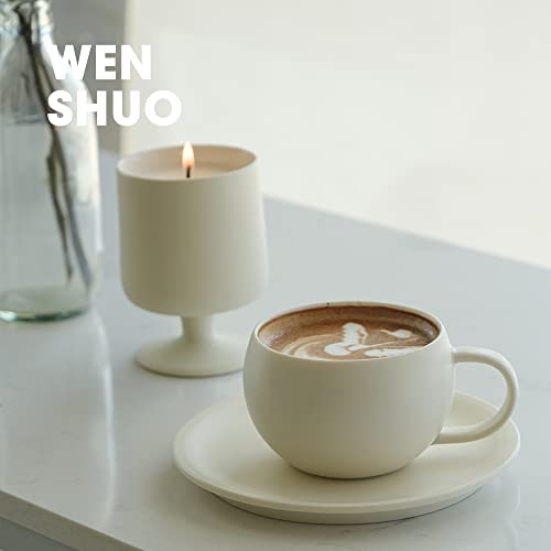 WENSHUO Egg Shape Coffee Mug, Round Teacup with Saucer, Matte Crème, 8oz
