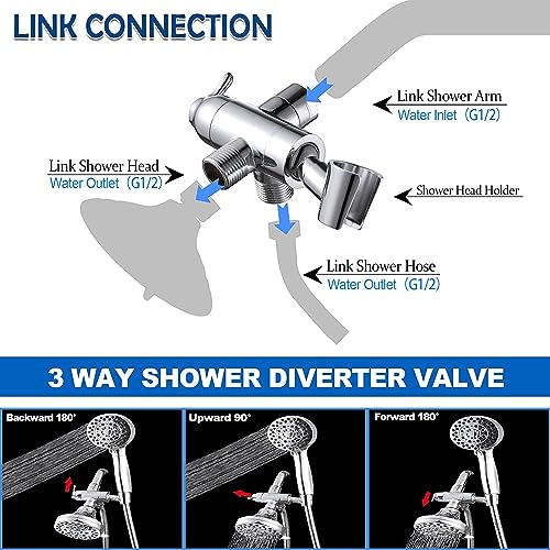 Shower Arm Diverter with Handshower Mount, G1/2 Brass Shower Diverter Valve Bathroom Universal Shower System Replacement for Handheld Shower and Fixed Shower Head(Polished Chrome)