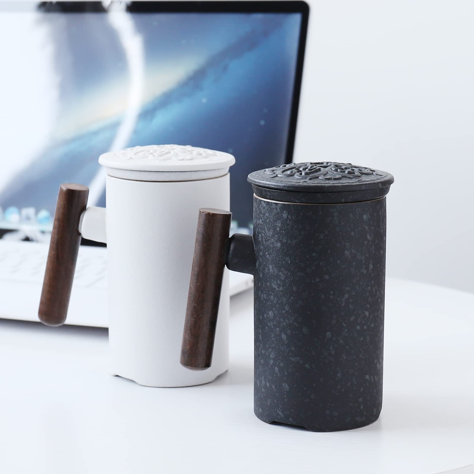 MAKOUYU Ceramic Tea Cup with Infuser and Lid 14 Ounce Infusion Mugs for Tea Bag Coffee Home Office Porcelain Teaware with Filter (Black)