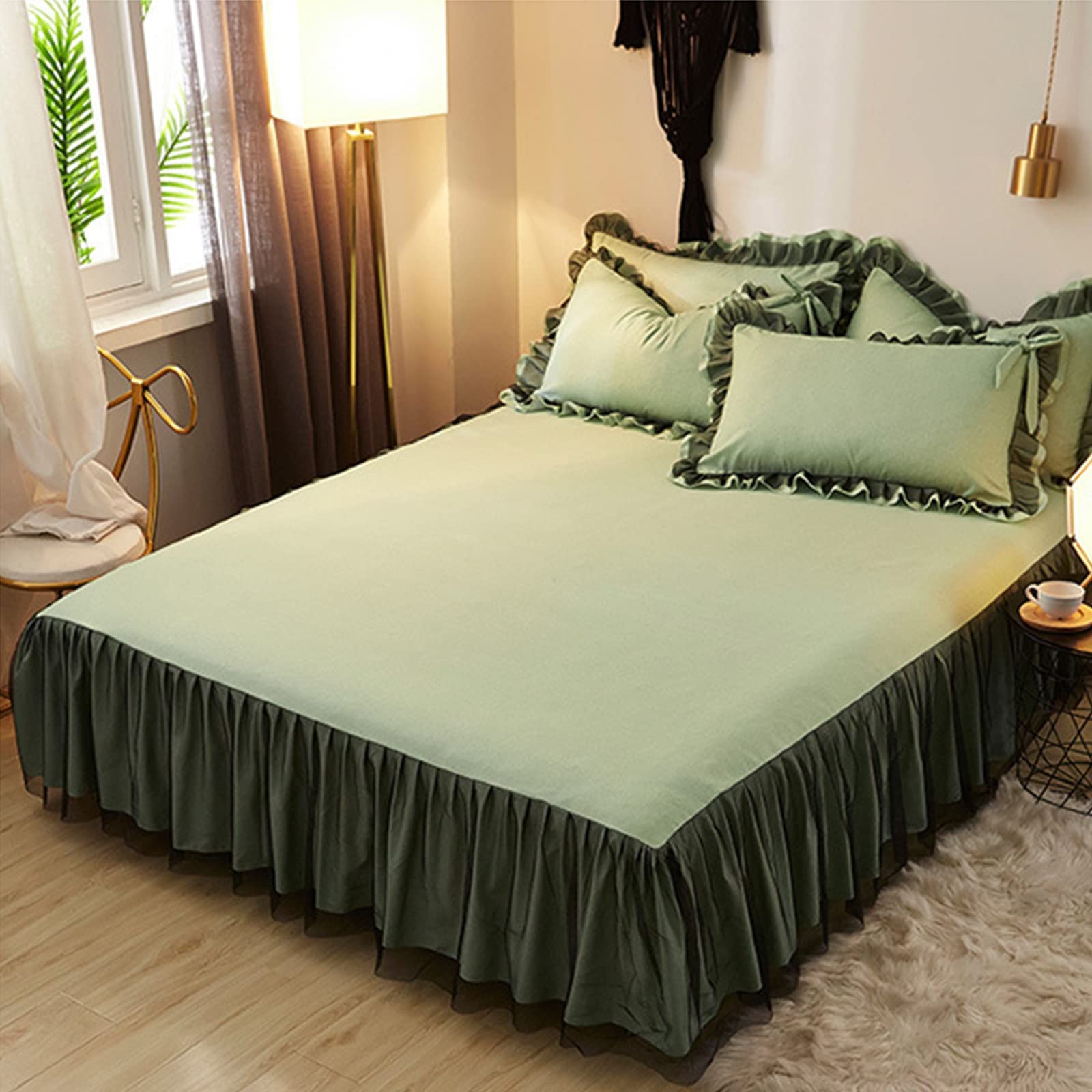 Solid Color Sanding Comforter Cover Set,Bow Lace Ruffle Duvet Cover Set,Breathable Comfy Bedding Set with Bed Skirt Pillowcases-Black Full 200x230cm(79x91inch) (Light Pink King 200x230cm(79x91inch))