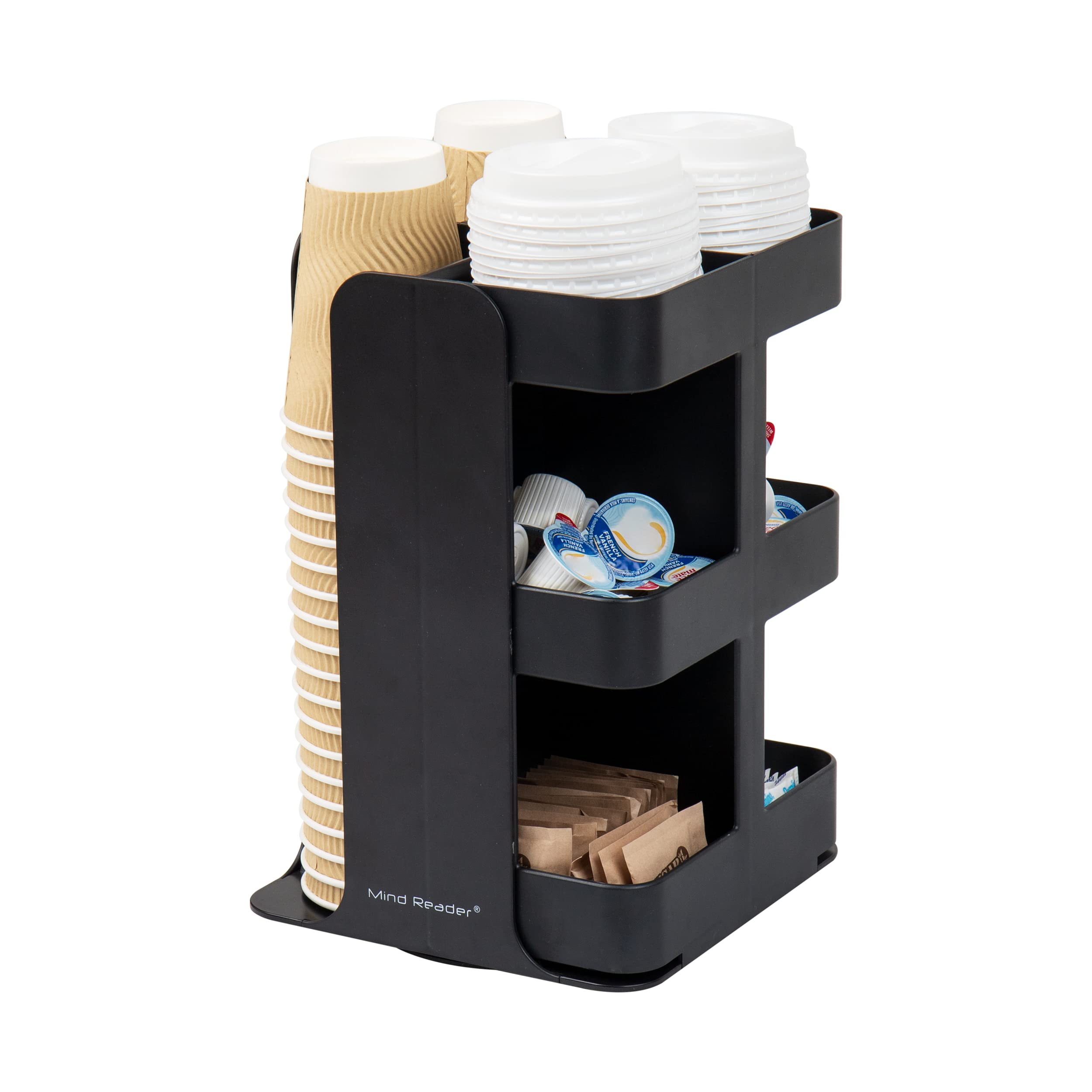 Mind Reader Cup Condiment Carousel, Countertop Organizer, Coffee Bar Accesories, Kitchen, Stirrers, 8" L x 8" W x 12" H, Black