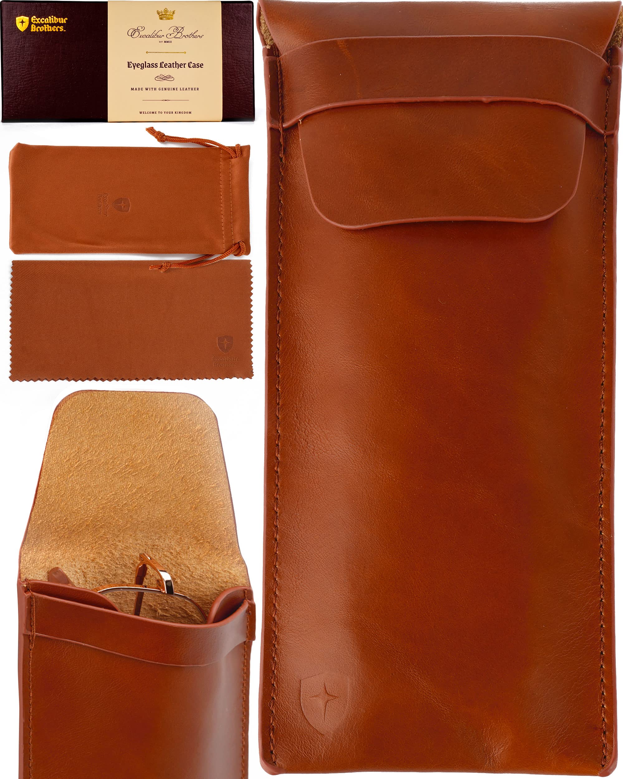 Leather Eyeglass Cases for Men - Premium Quality Leather with Microfiber Polishing Cloth and Soft Pouch , Eyeglass Case Slip In with Flap best for Reading Glasses and Ideal Gift for Men