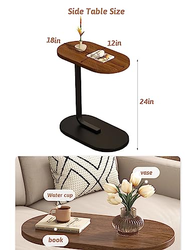 Sofa and Bed Side Table, C Shaped End table Small Coffee Table for Small Spaces, Small Side Table Bedroom Bedside Table, Living Room Wood Couch Tables that Slide Under, 18”L x 12”W (brown+black)