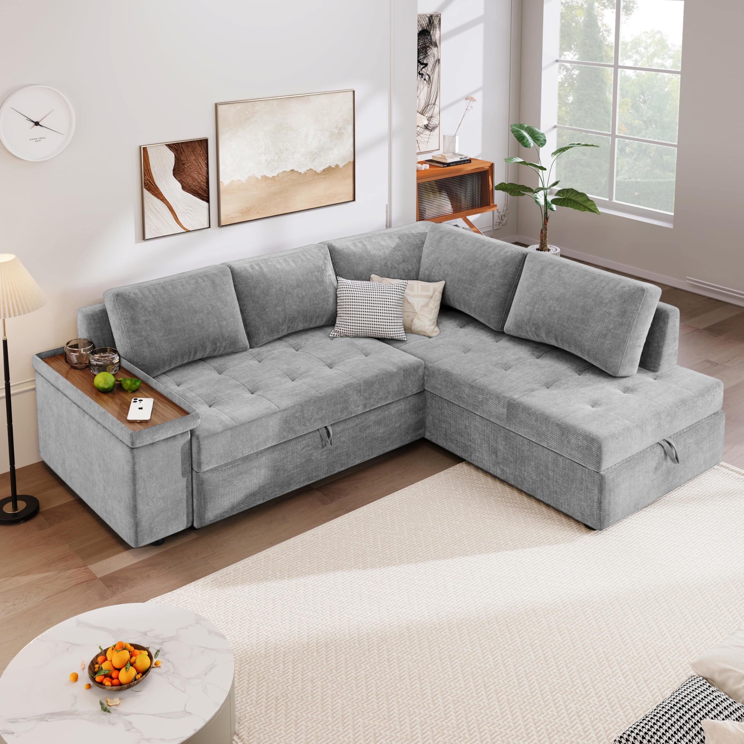 ZEIINPA 91.5β Modern Sleeper Sofa Bed, Linen Pull Out Couches with Storage Chaise, Comfy L-Shaped Sofa with Wooden Armrest Tray for Living Room, Apartment, Office, Studio, Home Theater-Grey