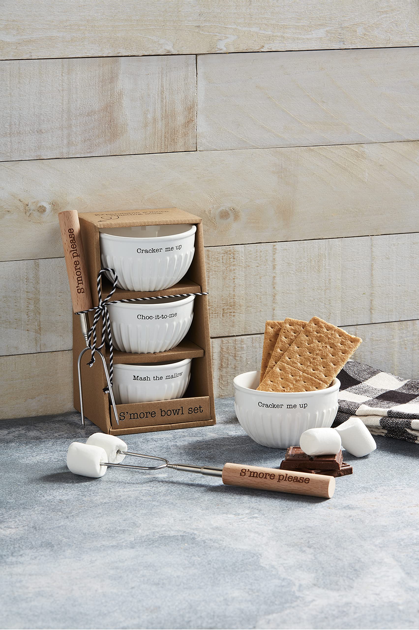 Mud Pie Circa S'More Bowl and Skewer Set, White, bowl 2 1/2" x 4" dia | skewer 27"