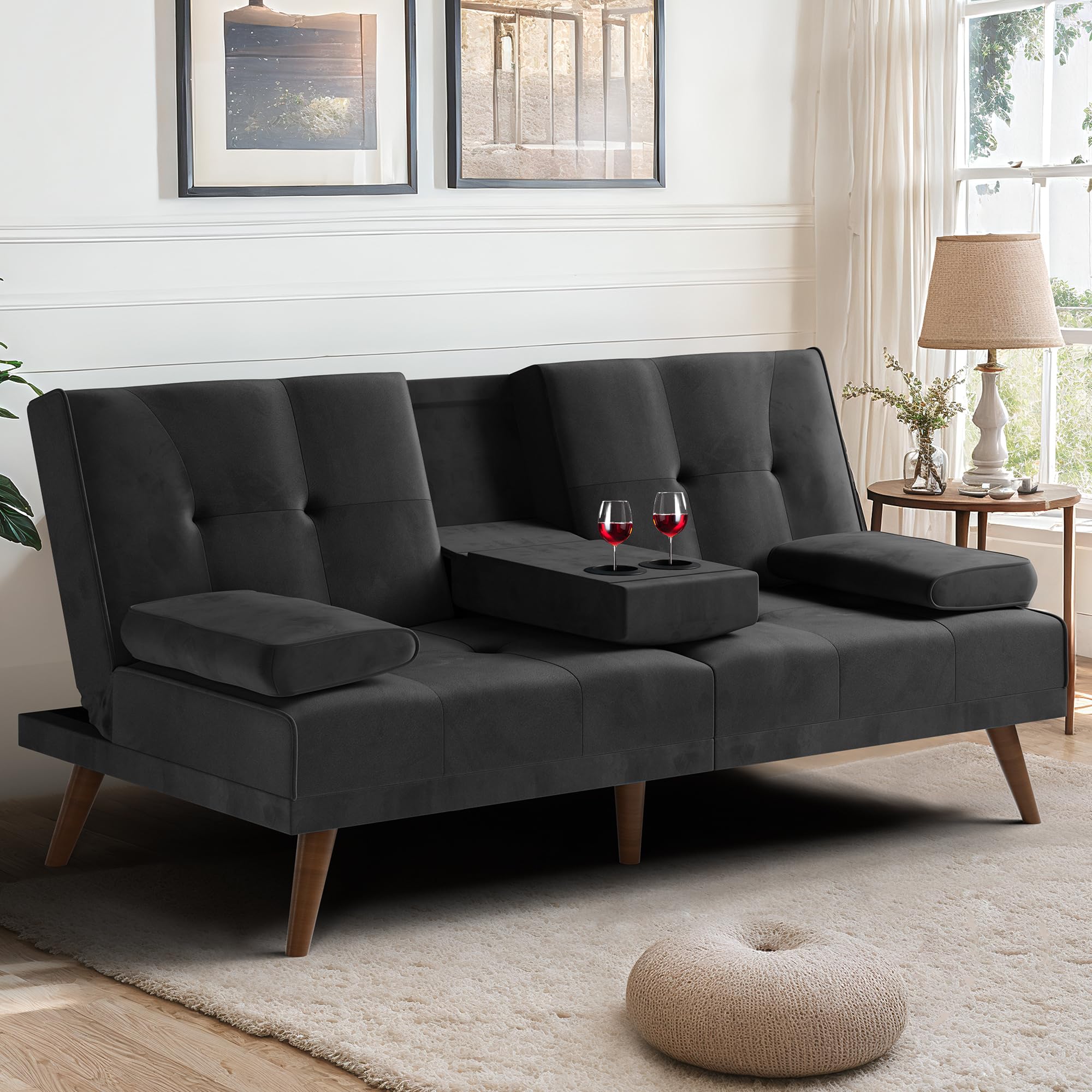 SUNLEI 60" Small Loveseat, 3 in 1 Cute Convertible Sofa Bed, Modern Futon Recliner Sleeper w/2 Cup Holder, Upholstered Folding Couch for Small Space, Beige