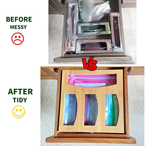 SOGUAOLO Bamboo Ziplock Bag Storage Organizer and Dispenser for Kitchen DrawerâFood Storage Bag Holders Compatible With Gallon, Quart, Sandwich & Snack Variety Size Bags.